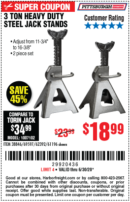 PITTSBURGH AUTOMOTIVE 3 Ton Steel Jack Stands for 18.99 Harbor Freight Coupons