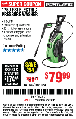 PORTLAND 1750 PSI 1.3 GPM Electric Pressure Washer for 79.99 Harbor Freight Coupons