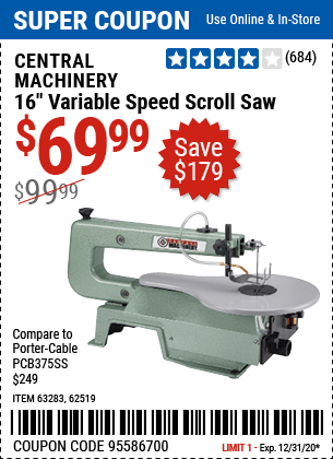 CENTRAL MACHINERY 16 in. Variable Speed Scroll Saw for 69.99 Harbor Freight Coupons