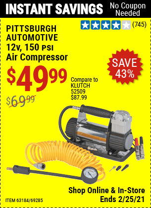 PITTSBURGH AUTOMOTIVE 12V 150 PSI Compact Air Compressor for 49.99 Harbor Freight Coupons