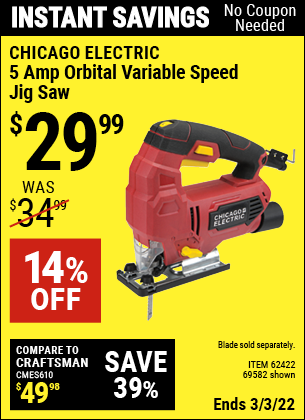 CHICAGO ELECTRIC 5 Amp Heavy Duty Tool Free Variable Speed Orbital Jig Saw for 29.99 Harbor Freight Coupons