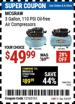 MCGRAW 3 Gallon 1 3 HP 110 PSI Oil Free Pancake Air Compressor for 49.99 Harbor Freight Coupons