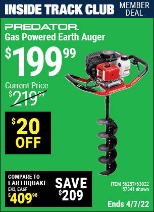 PREDATOR Gas Powered Earth Auger for 199.99 Harbor Freight Coupons