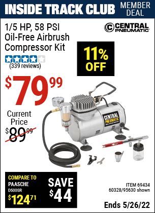 CENTRAL PNEUMATIC 1 5 HP 58 PSI Oil Free Airbrush Compressor Kit for 79.99 Harbor Freight Coupons