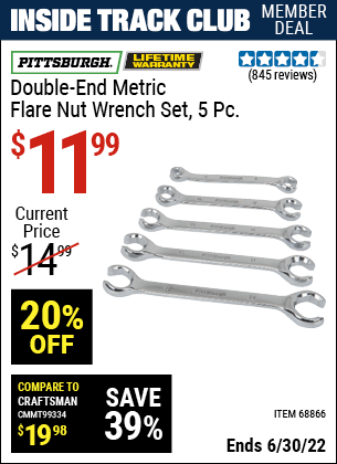 PITTSBURGH Metric Double End Flare Nut Wrench Set 5 Pc. for 11.99 Harbor Freight Coupons