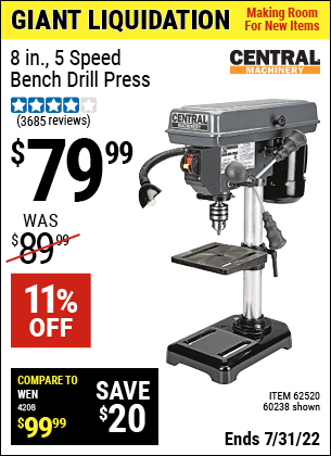 Central machinery speed bench drill press store