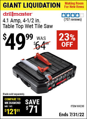 DRILL MASTER 4 1 2 in. Portable Wet Cut Tile Saw for 49.99 Harbor Freight Coupons
