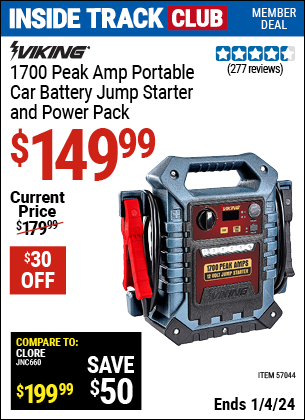 VIKING 1700 Peak Amp Portable Jump Starter and Power Pack for 149.99 Harbor Freight Coupons