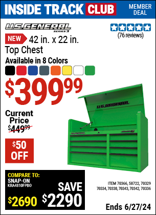 U.S. GENERAL 42 in. x 22 in. Top Chest Series 3 for 399.99 Harbor Freight Coupons