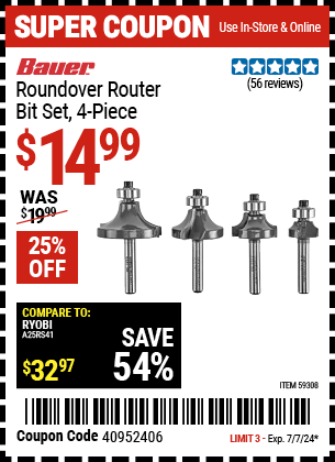 BAUER Roundover Router Bit Set 4 Piece for 14.99 Harbor Freight Coupons